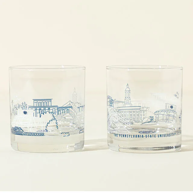 Uncommon Goods | College Cityscape Rocks Glasses - Set of 2 | Alumni Gift