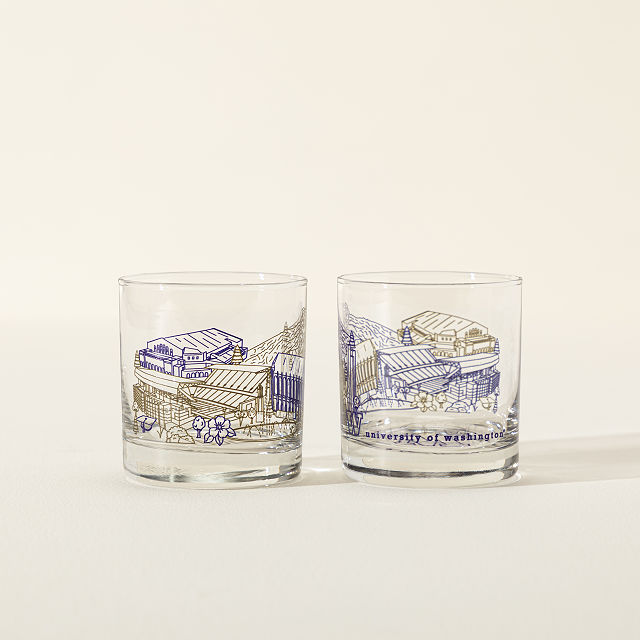 Uncommon Goods | College Cityscape Rocks Glasses - Set of 2 | Alumni Gift