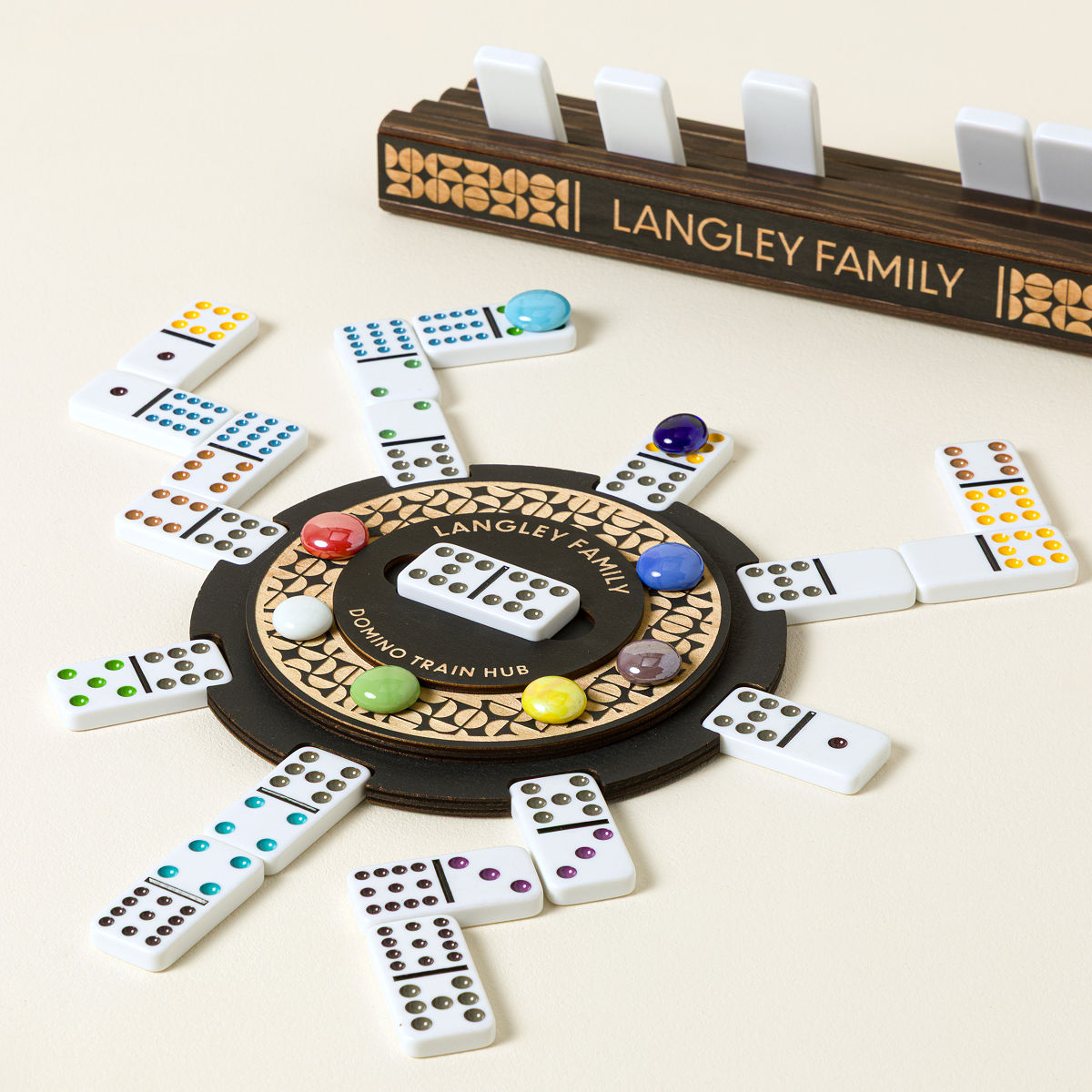 Uncommon Goods | Personalized Domino Train Hub Set | dominoes set